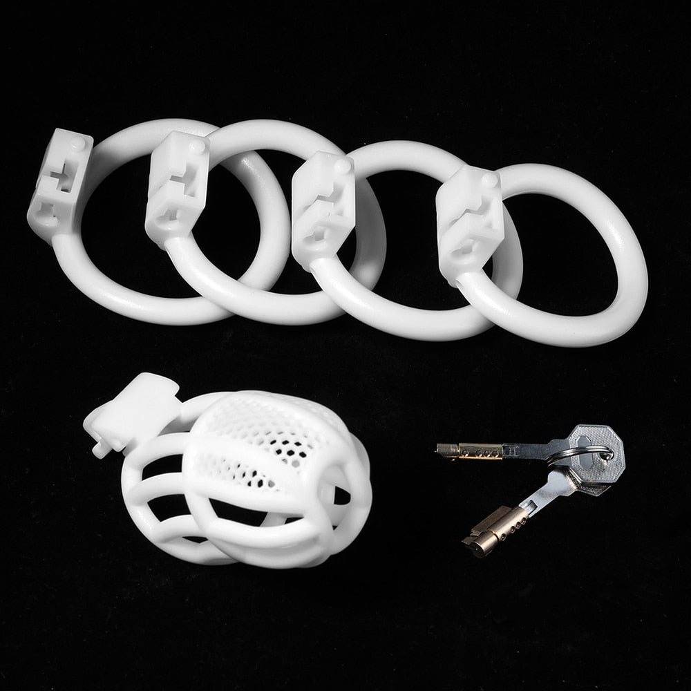 Small Chastity Cage Set with 4 Rings in Pink/Black/White Mens Chastity ...